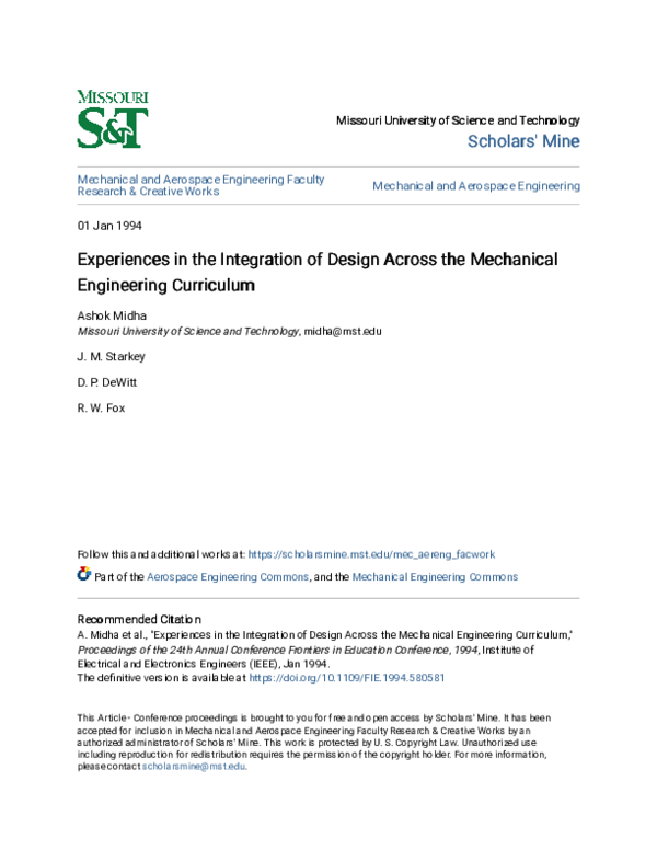 (PDF) Experiences in the integration of design across the mechanical ...
