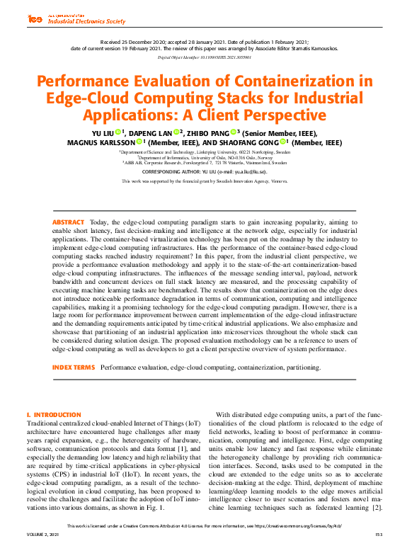Pdf Performance Evaluation Of Containerization In Edge Cloud Computing Stacks For Industrial