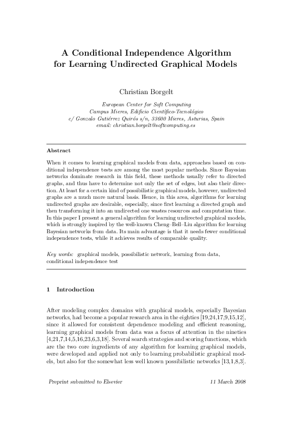 Pdf A Conditional Independence Algorithm For Learning Undirected Graphical Models
