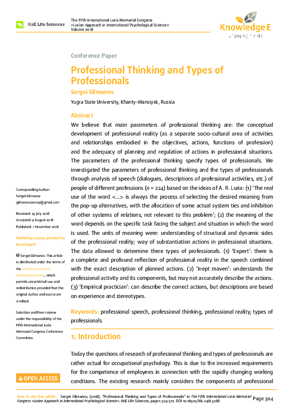 (PDF) Professional Thinking and Types of Professionals