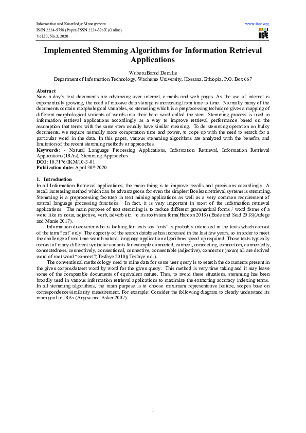 Pdf Implemented Stemming Algorithms For Information Retrieval Applications Wubetu Barud