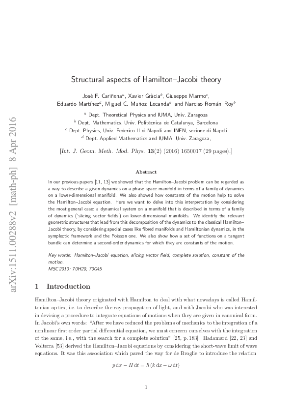 (PDF) A pr 2 01 6 Structural aspects of Hamilton – Jacobi theory