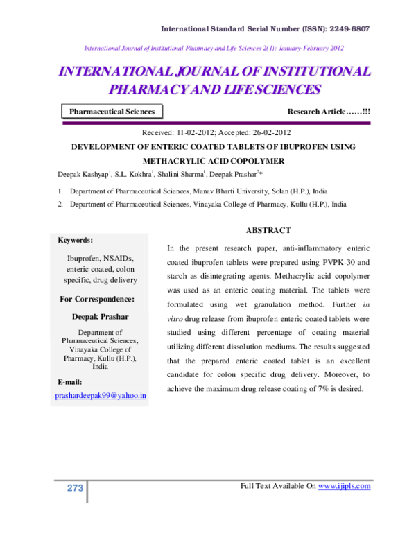 (PDF) Development of Enteric Coated Tablets of Ibuprofen Using ...