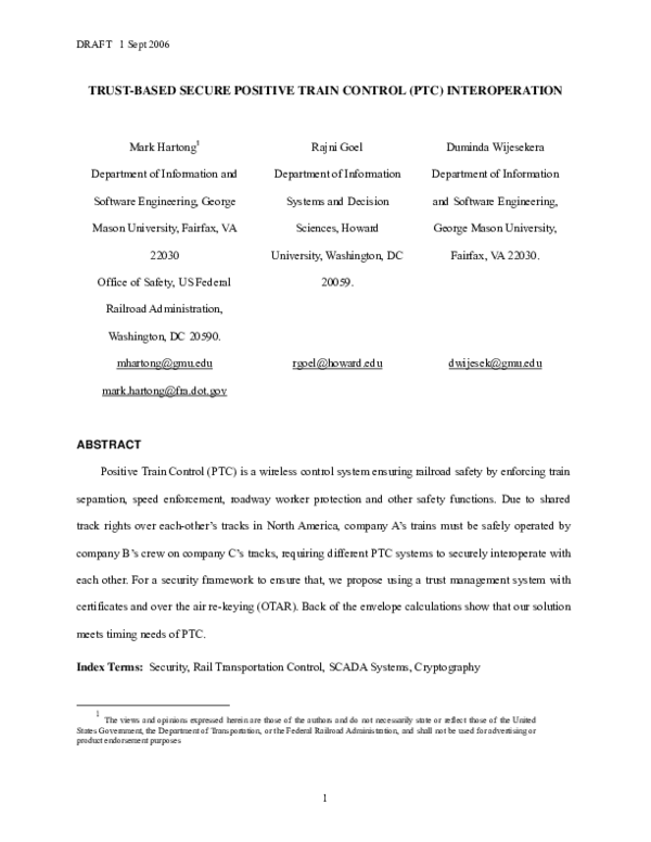 (PDF) Trust-Based Secure Positive Train Control (PTC) Interoperation