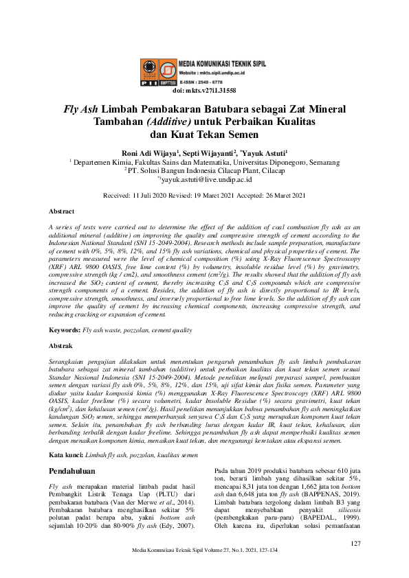 (PDF) Pemanfaatan Fly Ash Limbah Pembakaran Batubara sebagai Zat Mineral Tambahan (Additive ...