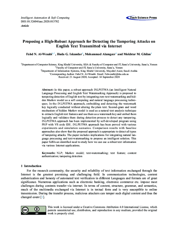 Pdf Proposing A High Robust Approach For Detecting The Tampering Attacks On English Text