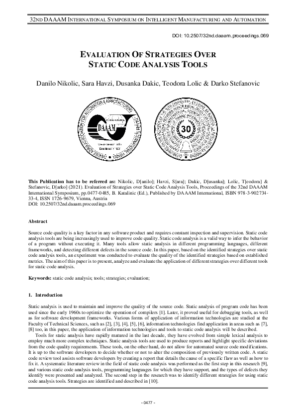 Pdf Evaluation Of Strategies Over Static Code Analysis Tools Danilo