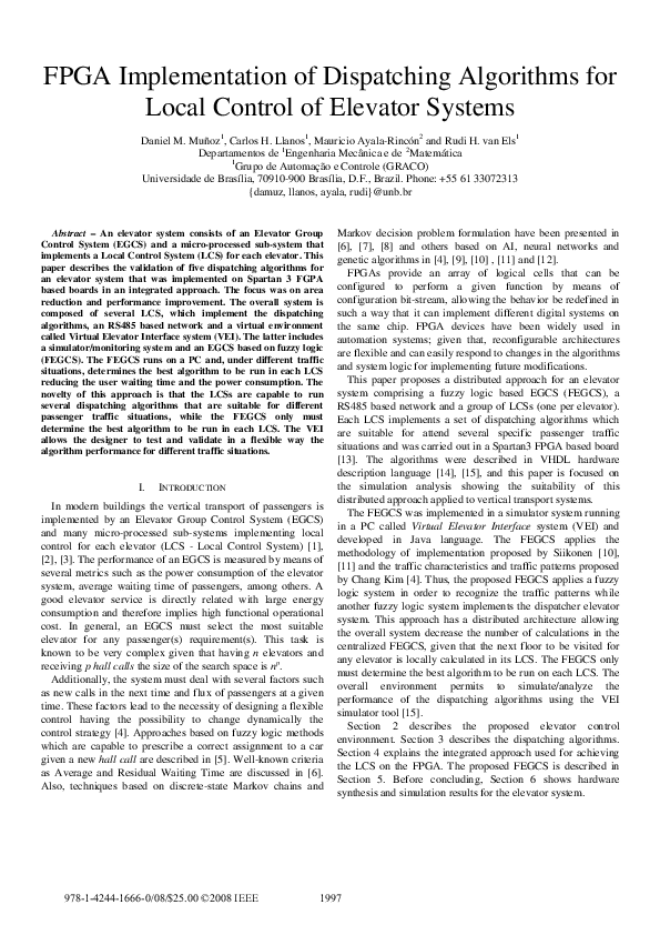 (PDF) FPGA implementation of dispatching algorithms for Local Control of Elevator Systems