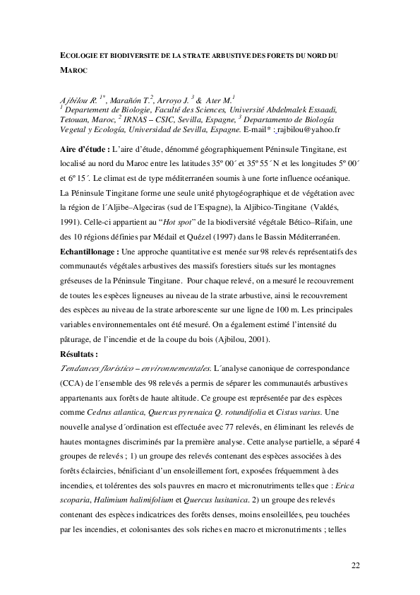 (PDF) Ecologie et biodiversité de la strate arbustive des Fôrets du ...
