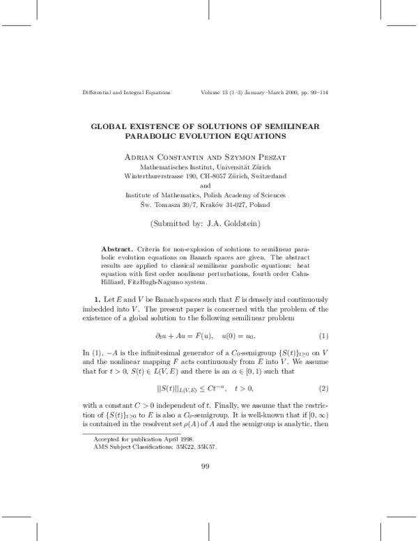 Pdf Global Existence Of Solutions Of Semilinear Parabolic Evolution Equations
