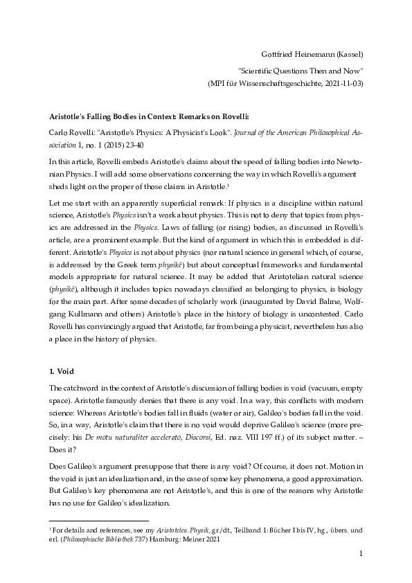 (PDF) Aristotle's Falling Bodies in Context: Remarks on Rovelli