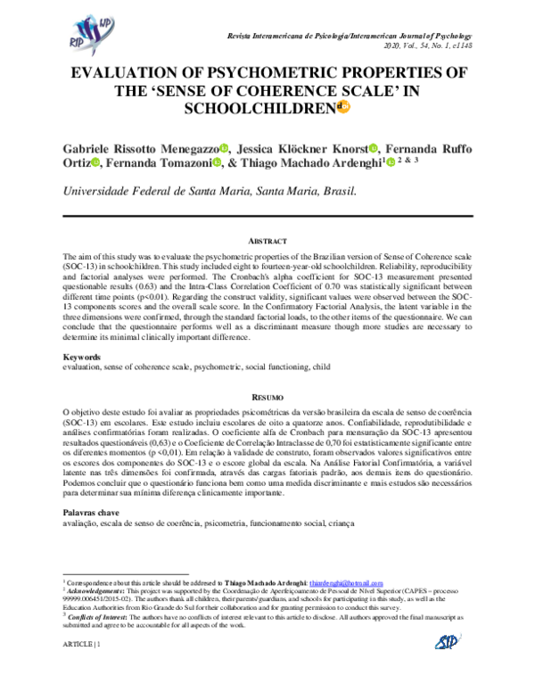 (PDF) Evaluation of Psychometric Properties of the ‘Sense of Coherence ...