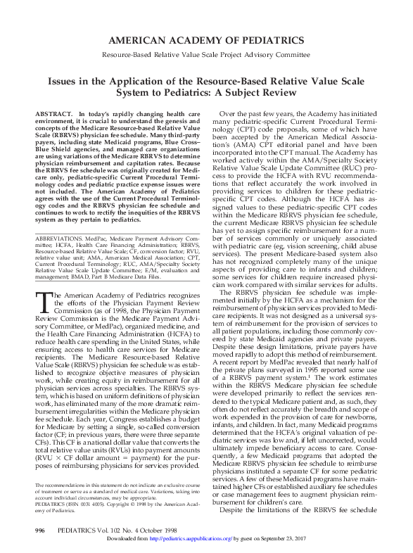 (PDF) Issues in the Application of the Resource-Based Relative Value Scale System to Pediatrics ...