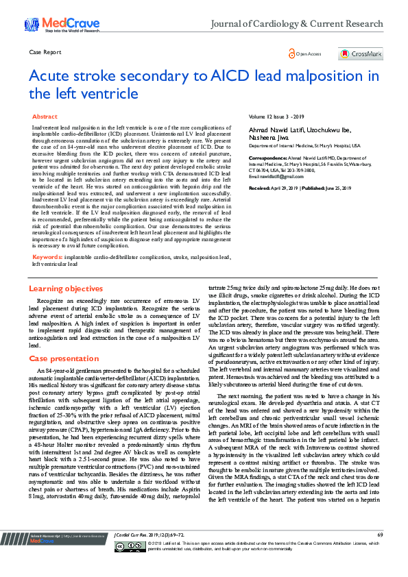 (PDF) Acute stroke secondary to AICD lead malposition in the left ...