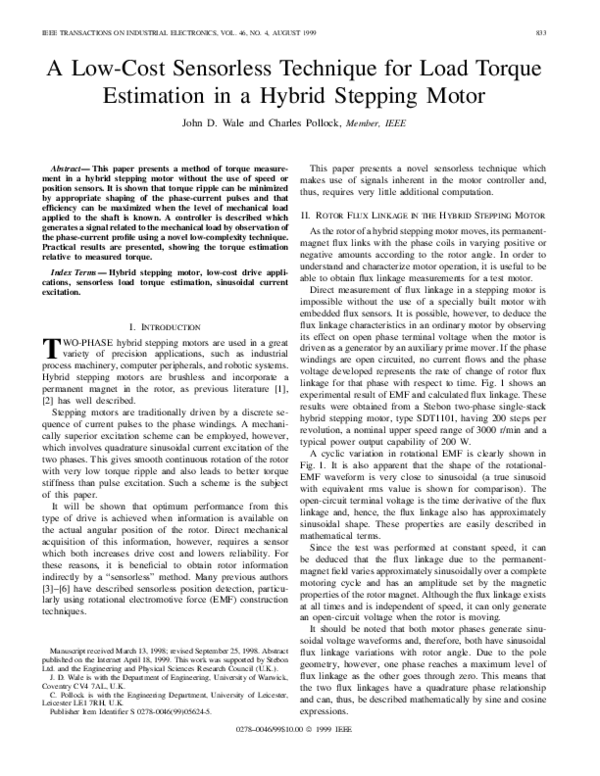Pdf A Low Cost Sensorless Technique For Load Torque Estimation In A Hybrid Stepping Motor