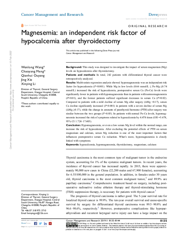 (PDF) Magnesemia: an independent risk factor of hypocalcemia after thyroidectomy