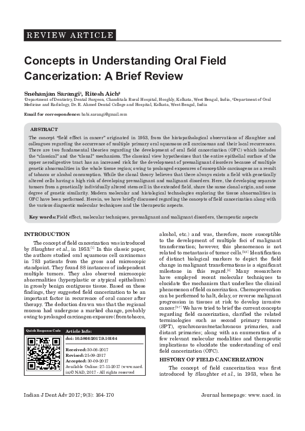 (PDF) Concepts in Understanding Oral Field Cancerization: A Brief Review