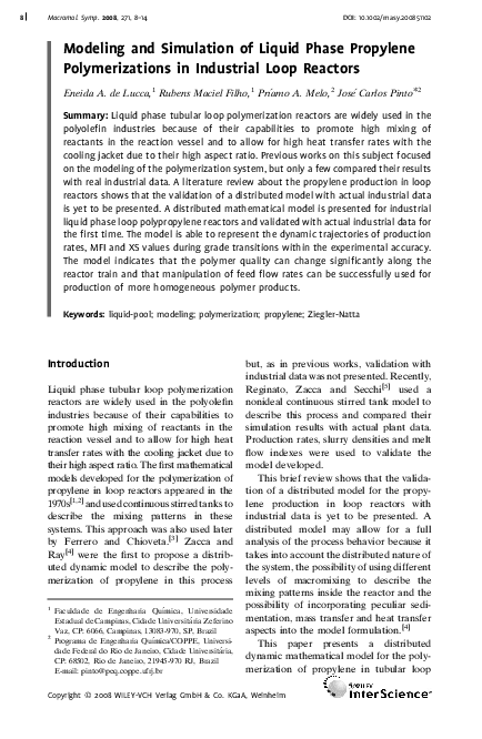 (PDF) Modeling and Simulation of Liquid Phase Propylene Polymerizations in Industrial Loop Reactors