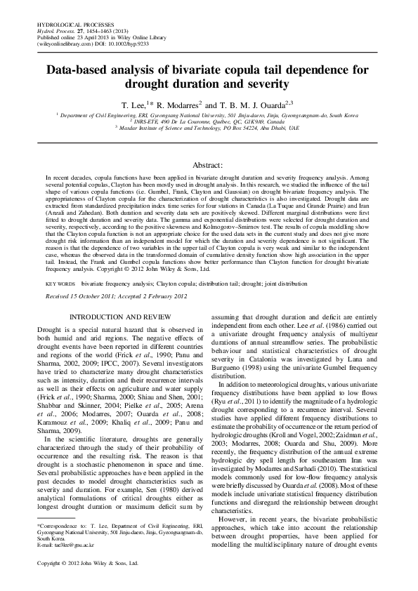 (PDF) Data-based analysis of bivariate copula tail dependence for drought duration and severity