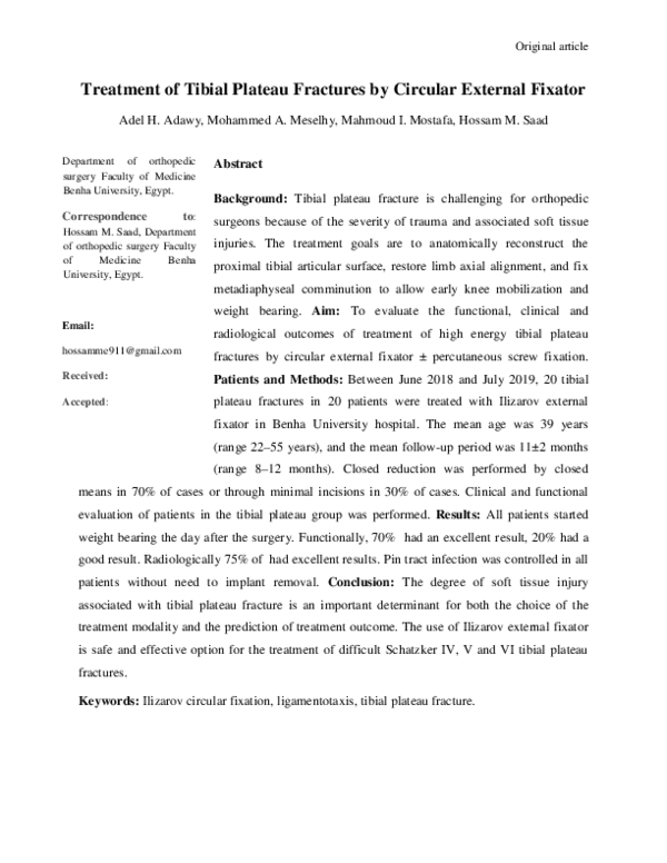 (PDF) Treatment of Tibial Plateau Fractures By Circular External Fixator