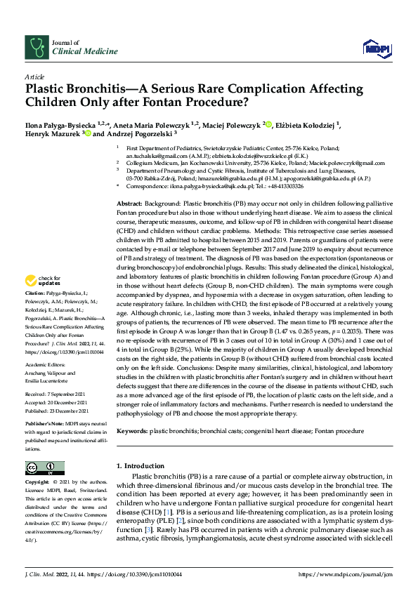 (PDF) Plastic Bronchitis—A Serious Rare Complication Affecting Children ...
