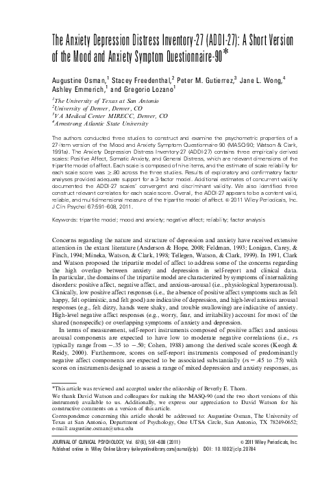 (PDF) The Anxiety Depression Distress Inventory-27 (ADDI-27): a short version of the Mood and ...