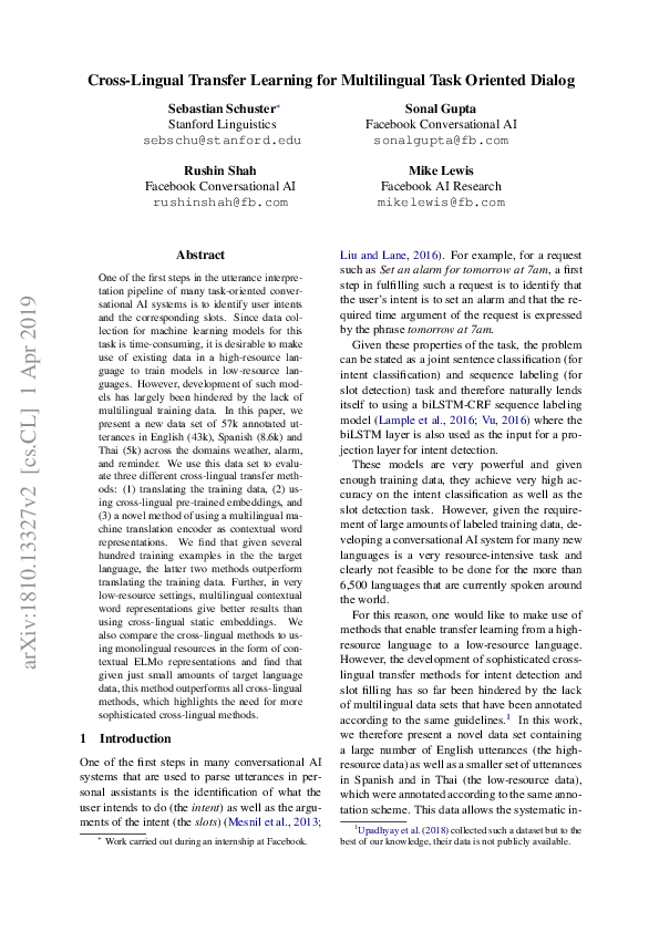 Pdf Cross Lingual Transfer Learning For Multilingual Task Oriented Dialog