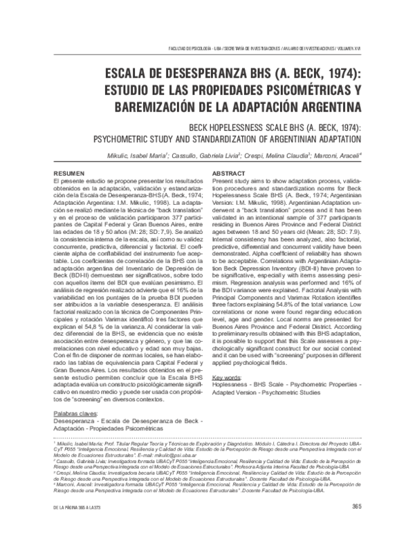 (PDF) Beck Hopelessness Scale BHS (A. Beck, 1974): psychometric study ...