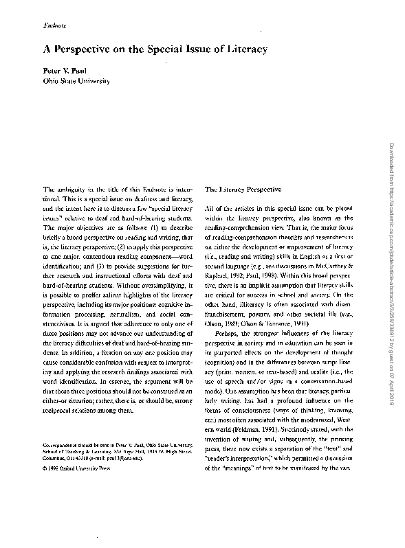 (PDF) A Perspective on the Special Issue of Literacy