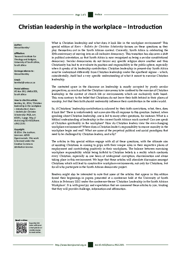 (PDF) Christian leadership in the workplace – Introduction