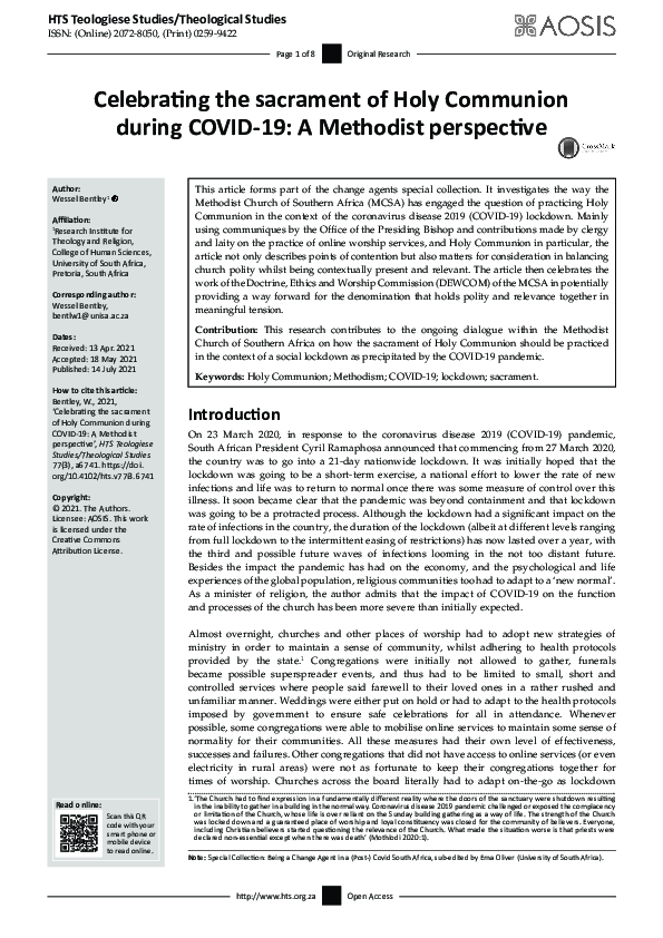 (PDF) Celebrating the sacrament of Holy Communion during COVID-19: A ...