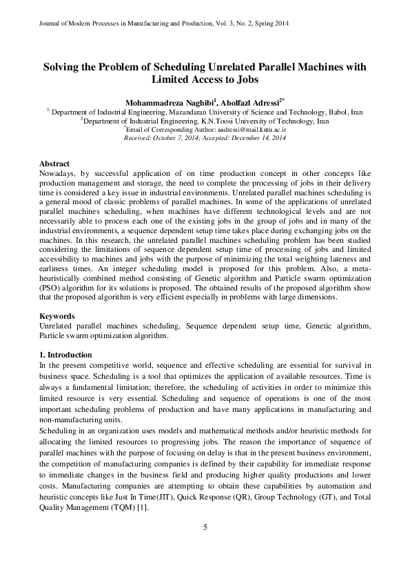 Pdf Solving The Problem Of Scheduling Unrelated Parallel Machines With Limited Access To Jobs 6539
