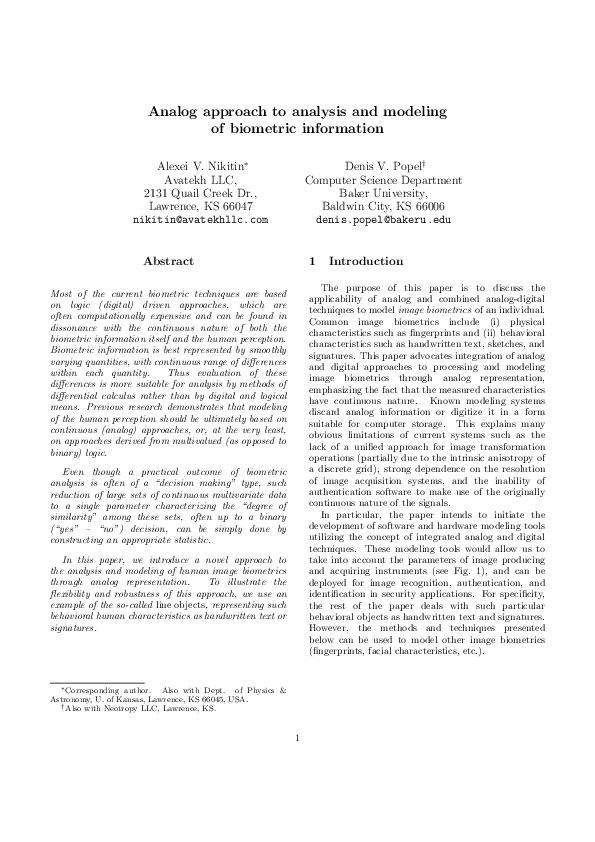(PDF) Analog approach to analysis and modeling of biometric information (PDF) Analog approach to analysis and modeling of biometric information