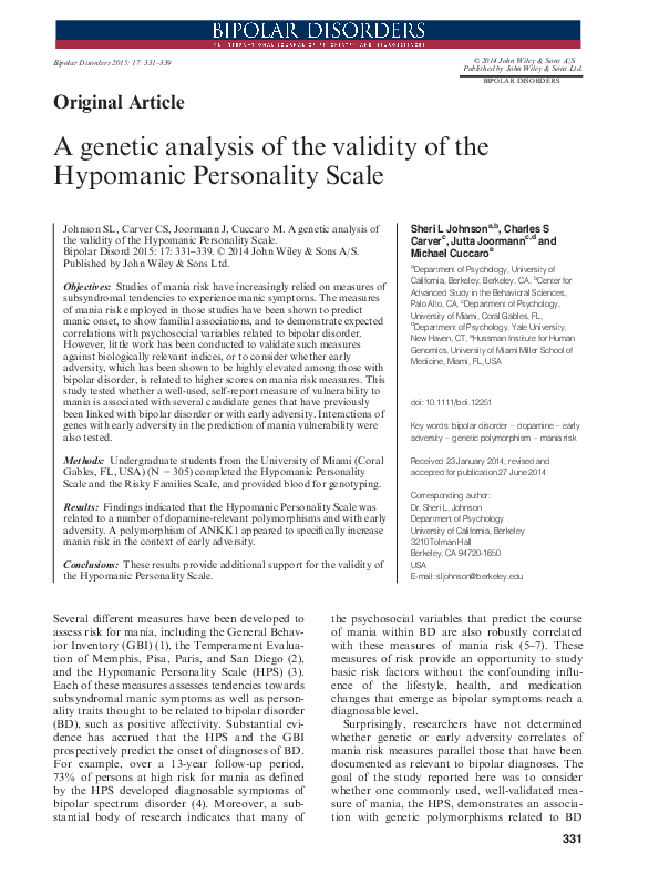 (PDF) A genetic analysis of the validity of the Hypomanic Personality Scale
