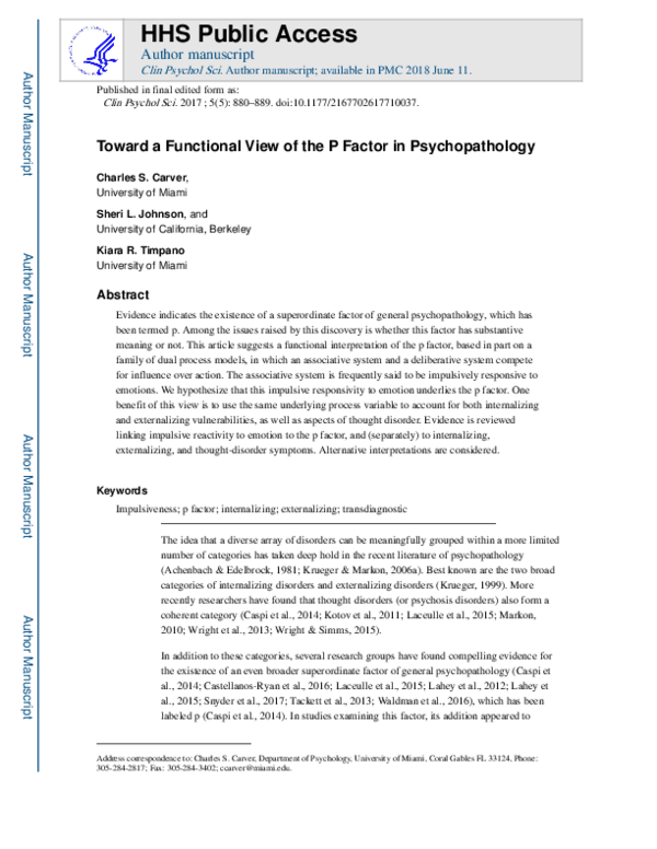 (PDF) Toward a Functional View of the p Factor in Psychopathology
