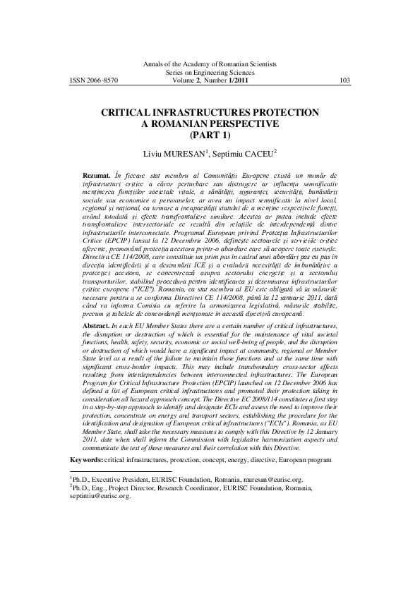 (PDF) Critical Infrastructures Protection a Romanian Perspective (Part 1)