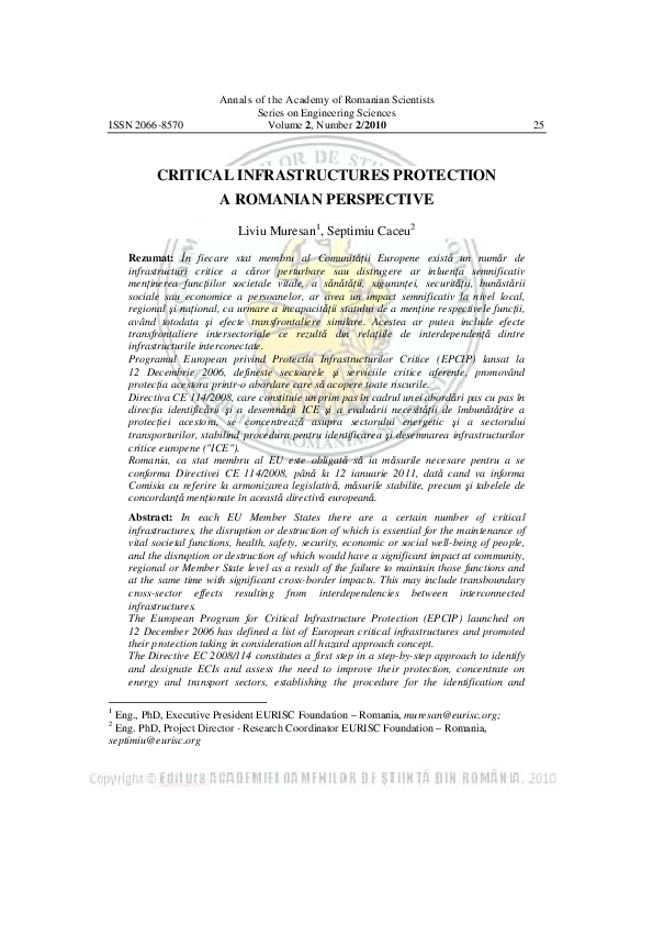 (PDF) Critical Infrastructures Protection a Romanian Perspective