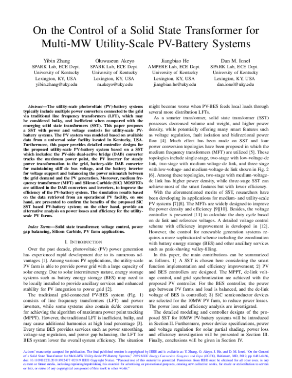 (PDF) On the Control of a Solid State Transformer for Multi-MW Utility-Scale PV-Battery Systems ...