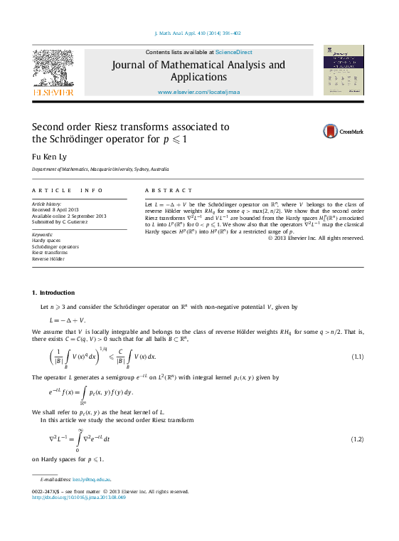(PDF) Second order Riesz transforms associated to the Schrödinger ...