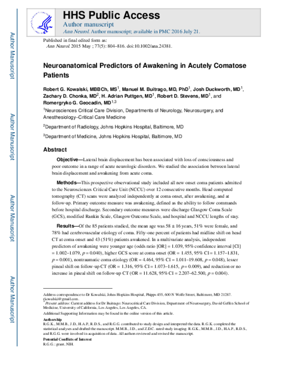 (PDF) Neuroanatomical predictors of awakening in acutely comatose patients