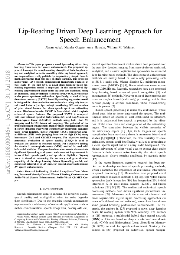 (PDF) Lip-Reading Driven Deep Learning Approach for Speech Enhancement