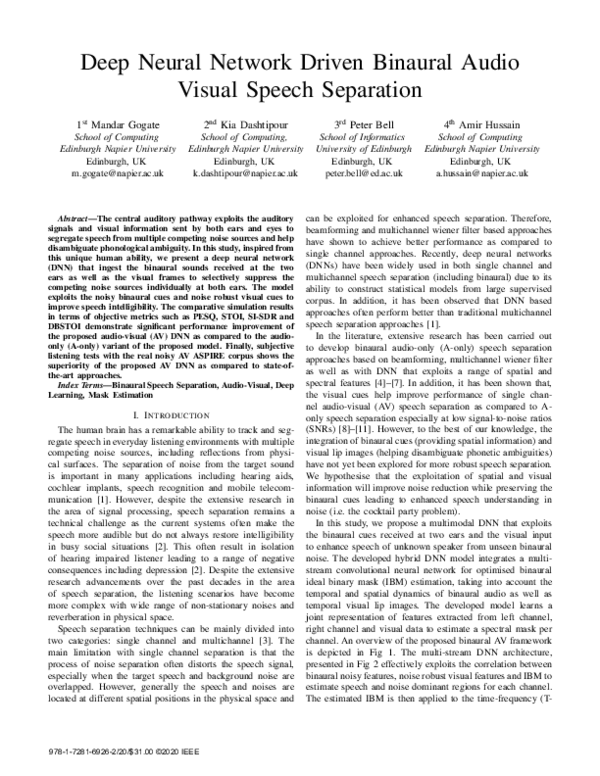 Pdf Deep Neural Network Driven Binaural Audio Visual Speech Separation