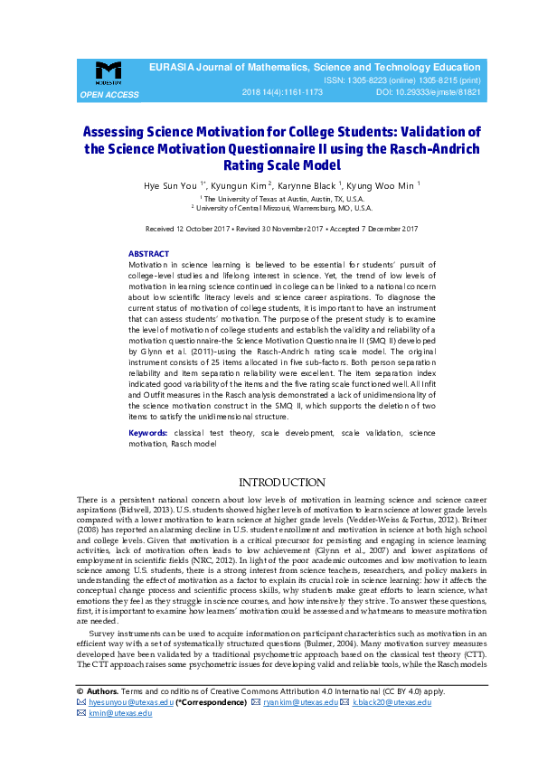 (PDF) Assessing Science Motivation for College Students: Validation of ...
