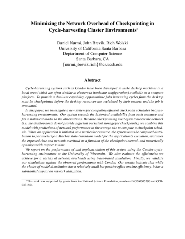 (PDF) Minimizing the Network Overhead of Checkpointing in Cycle-harvesting Cluster Environments