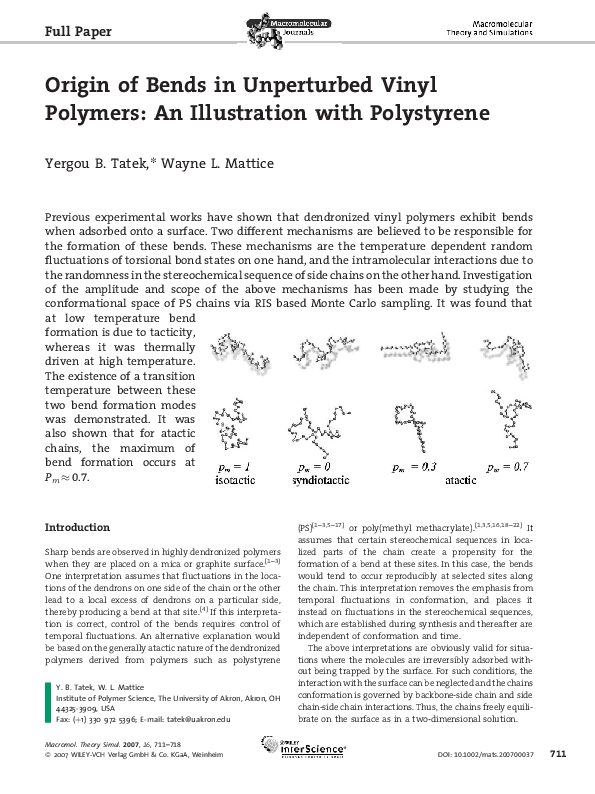 (PDF) Origin of Bends in Unperturbed Vinyl Polymers: An Illustration ...