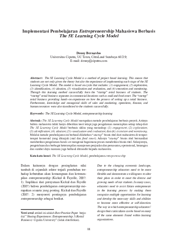(PDF) Implementasi Pembelajaran Entrepreneurship Mahasiswa Berbasis The 5E Learning Cycle Model