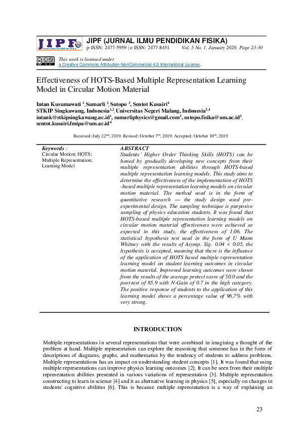(PDF) Effectiveness of HOTS-Based Multiple Representation Learning Model in Circular Motion Material