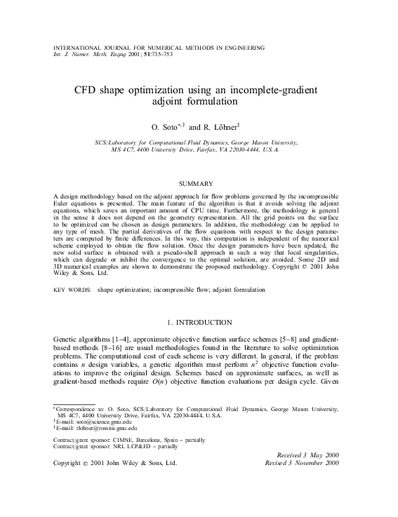 (PDF) CFD shape optimization using an incomplete-gradient adjoint formulation | Rainald Lohner ...