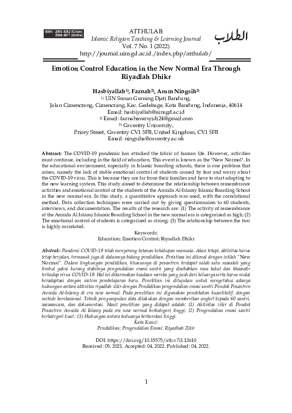 (PDF) Emotion Control Education in the New Normal Era Through Riyadlah ...