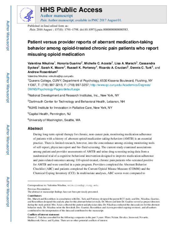 (PDF) Patient versus provider reports of aberrant medication-taking ...